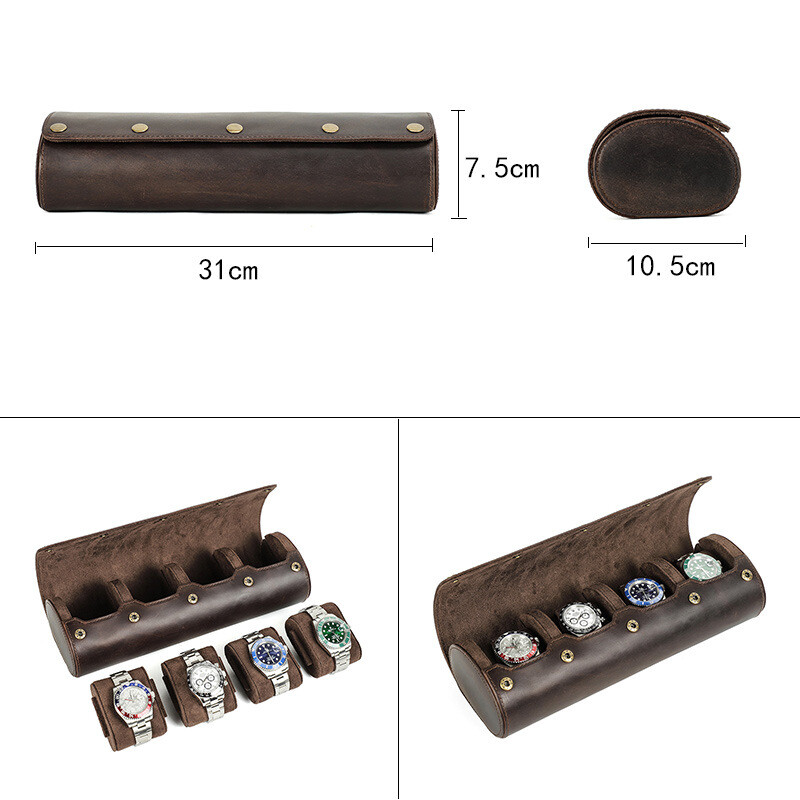 4 Slots Watch Roll Travel Box Genuine Leather Watch Jewelry Display ...
