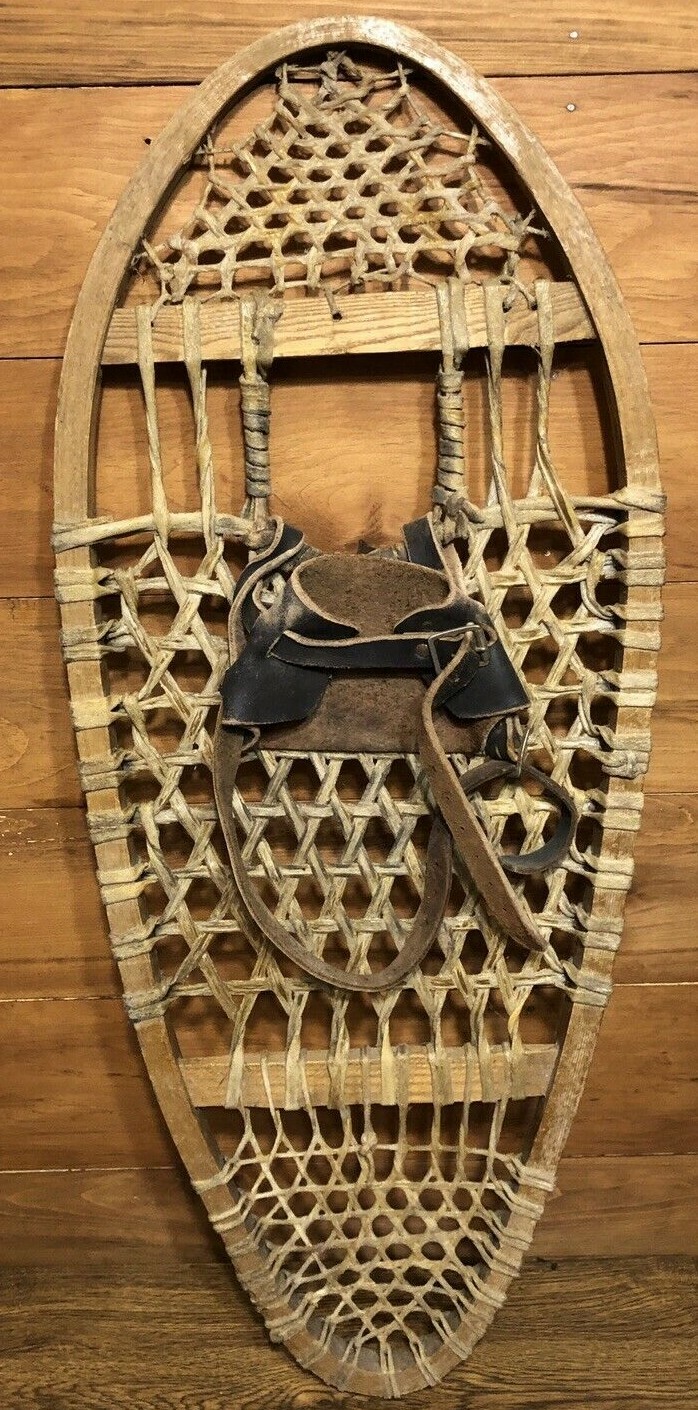 Vintage Snowshoes handmade moose sinew webbing Bear paw style leather ...