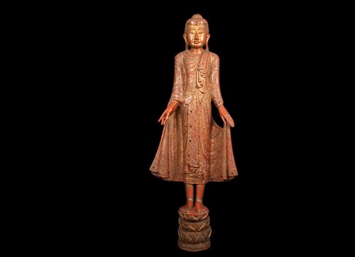 Stehender Buddha Im Mandalay Stil Lackiertes And Vergoldetes Holz Burma 20 Jh Ebay De