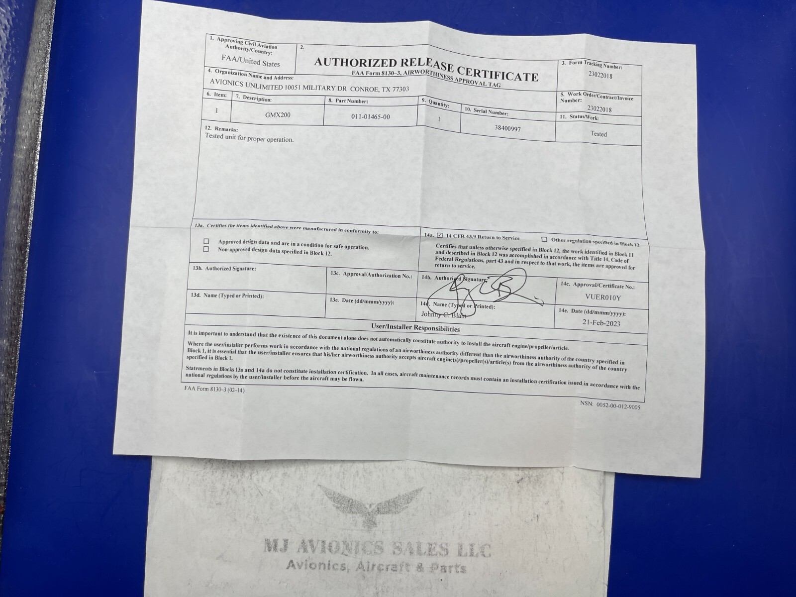 GARMIN GMX 200 MFD P/N 011-01465-00 WITH I/O TRAFFIC WITH FAA FORM 8130 ...