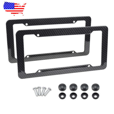 Black Car Carbon Fiber License Plate Frame Cover Front & Rear Universal ...