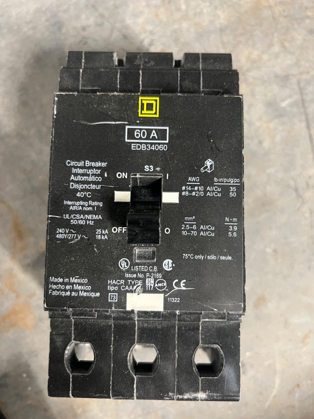 Square D EDB34060 3pole 60amp 480v circuit breaker | eBay