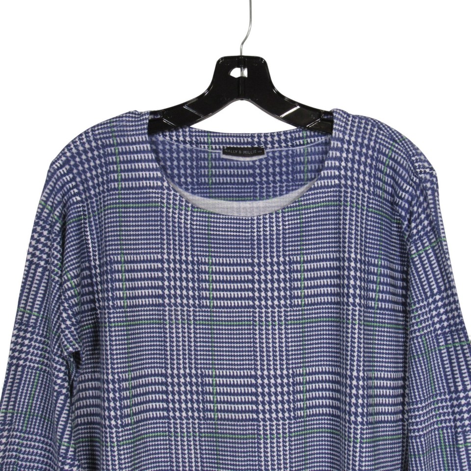 NALLY & MILLIE Blue/White HOUNDSTOOTH Round Neck LIGHTWEIGHT KNIT ...