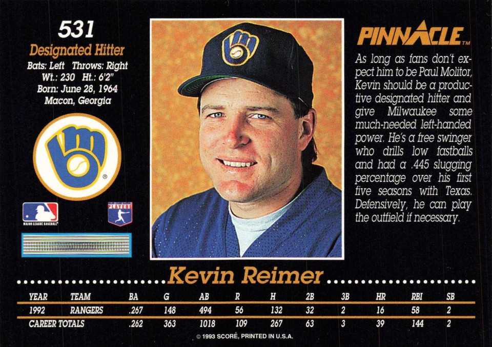 Kevin Reimer #531 1993 Pinnacle Milwaukee Brewers | eBay