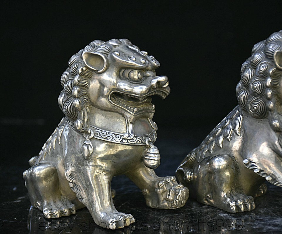 5,2" chinesisches Silber Feng Shui Foo Fu Dog Guardian Lion Ball Statue ...