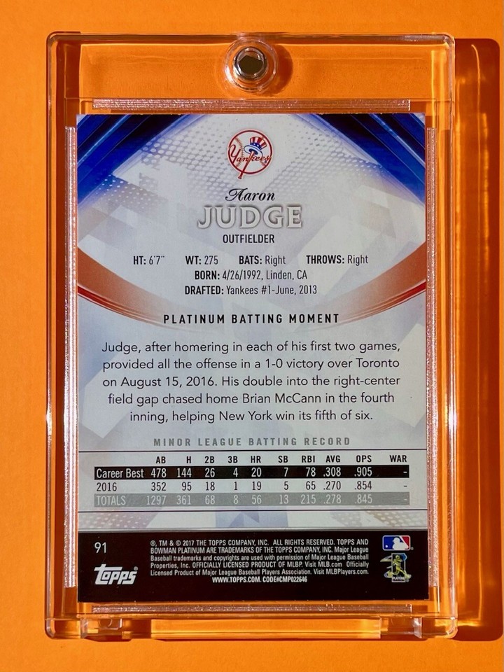 Aaron Judge MINT ROOKIE 2017 BOWMAN PLATINUM HOLO REFRACTOR FINISH ...