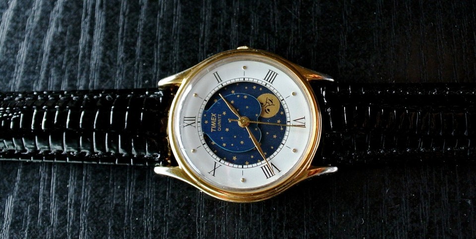 VINTAGE TIMEX M CELL ELEGANT MOON PHASE DIAL QUARTZ MEN'S GOLDEN BLK ...