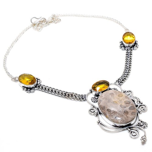 Fossil Coral, Citrine Gemstone 925 Sterling Silver Jewelry Necklace 18 ...