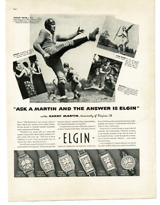 1937 Elgin Men's Wrist Watch Harry Martin UV Football Player Vintage ...