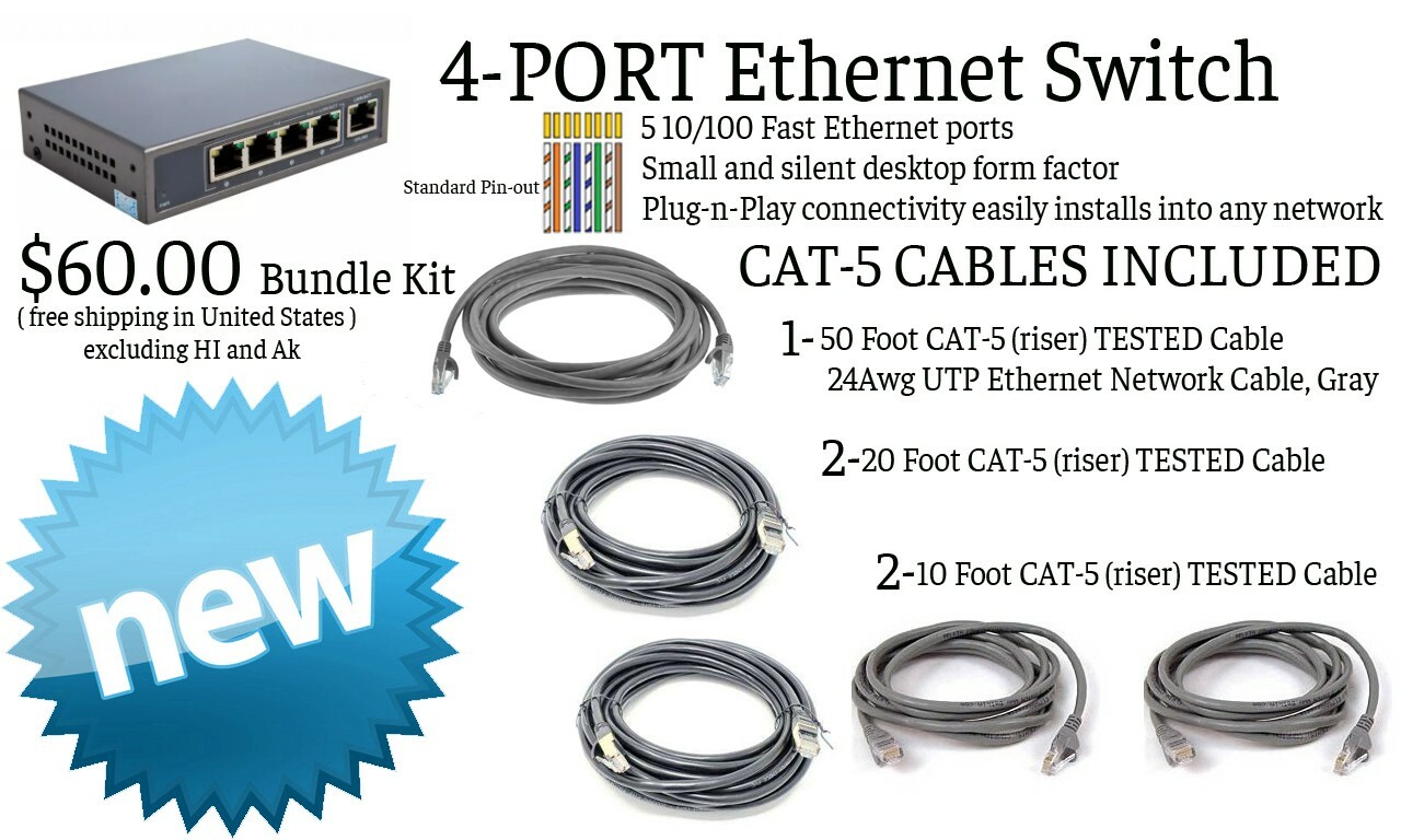 COMPLETE PLUG-N-PLAY HOME NETWORK 4-PORT ETHERNET SWITCH KIT | eBay