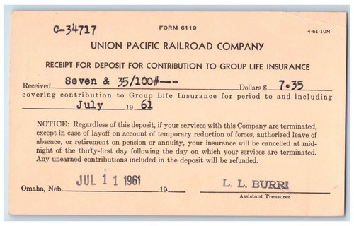 1961 Union Pacific Railroad Company Receipt Omaha NE Sun Valley ID ...