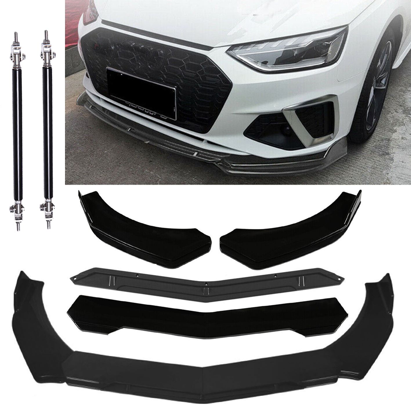 Front Bumper Lip Splitter Spoiler + Strut Rods Glossy Black For AUDI A3 ...
