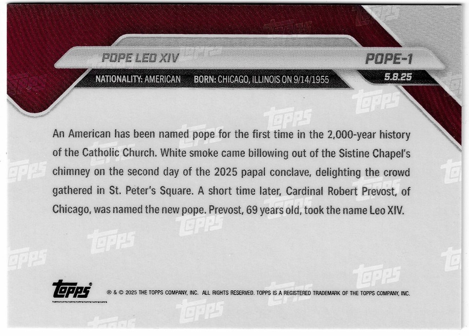 2025 Topps Now Pope Leo XIV #Pope-1 Card First American Robert Prevost ...
