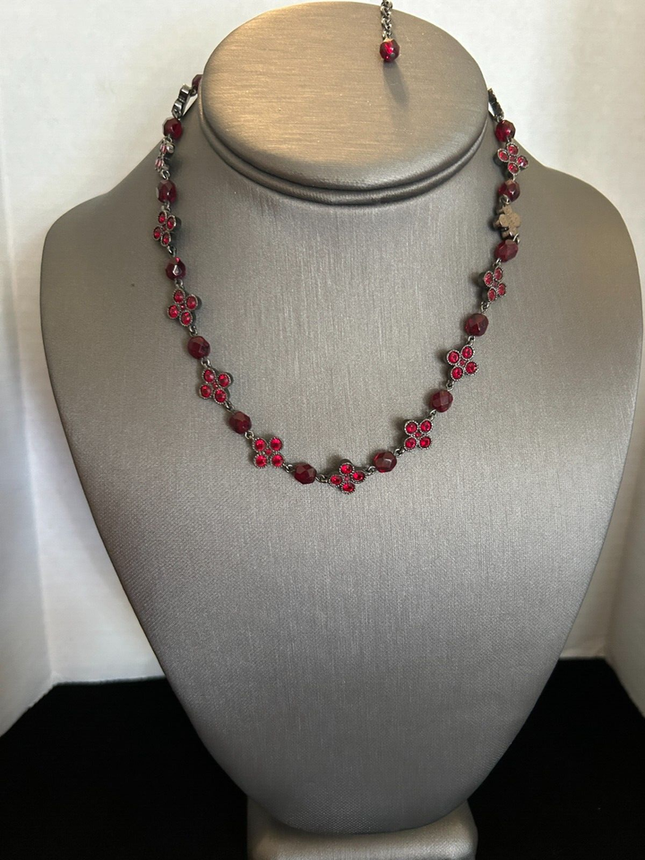 Vintage Red Ruby Crystals Necklace on Black Silver Tone. 15" plus ...