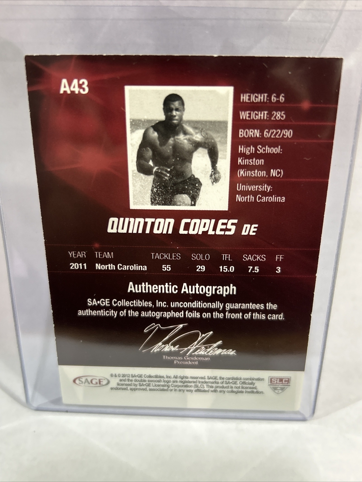 2012 SAGE HIT Autographs Quinton Coples Rookie Autograph. U.N.C, New ...