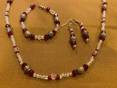 3 pc red neckless bracelet earring set sterling silver Crystal Hand ...