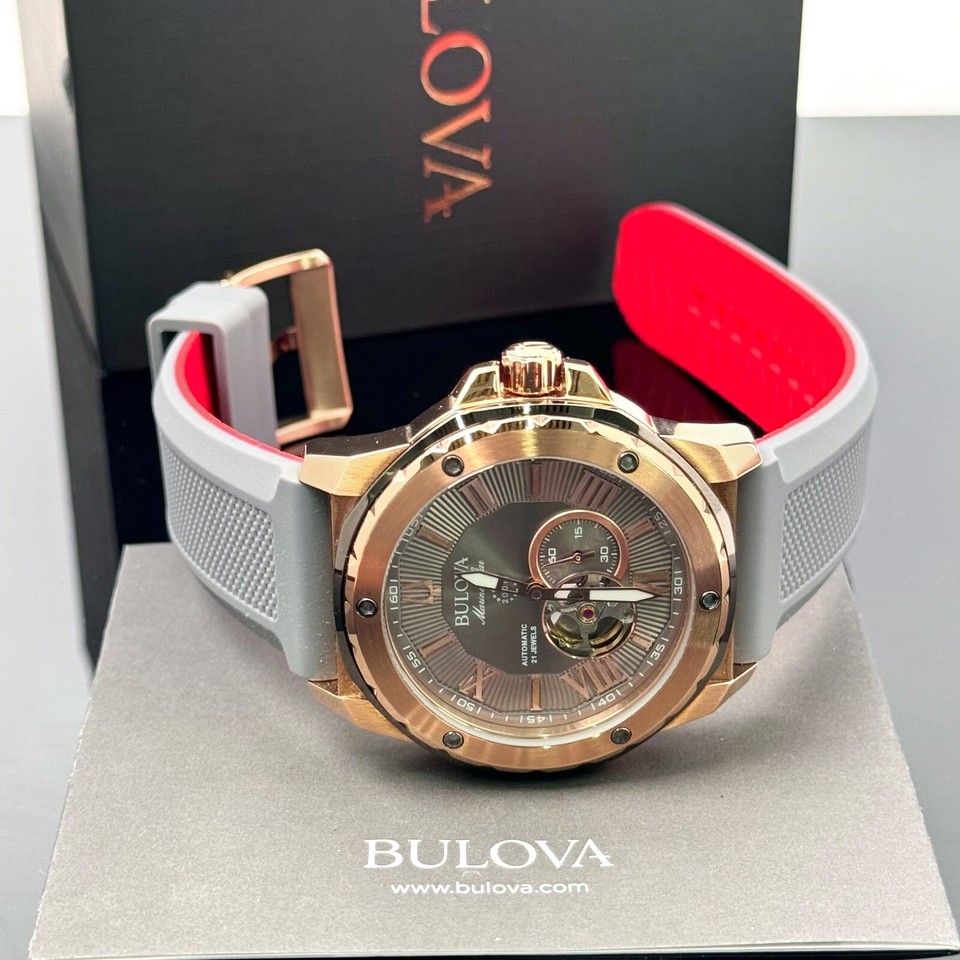 Bulova Marine Star 98A228 Rose Gold Dial Gray Silicone Automatic Men's ...