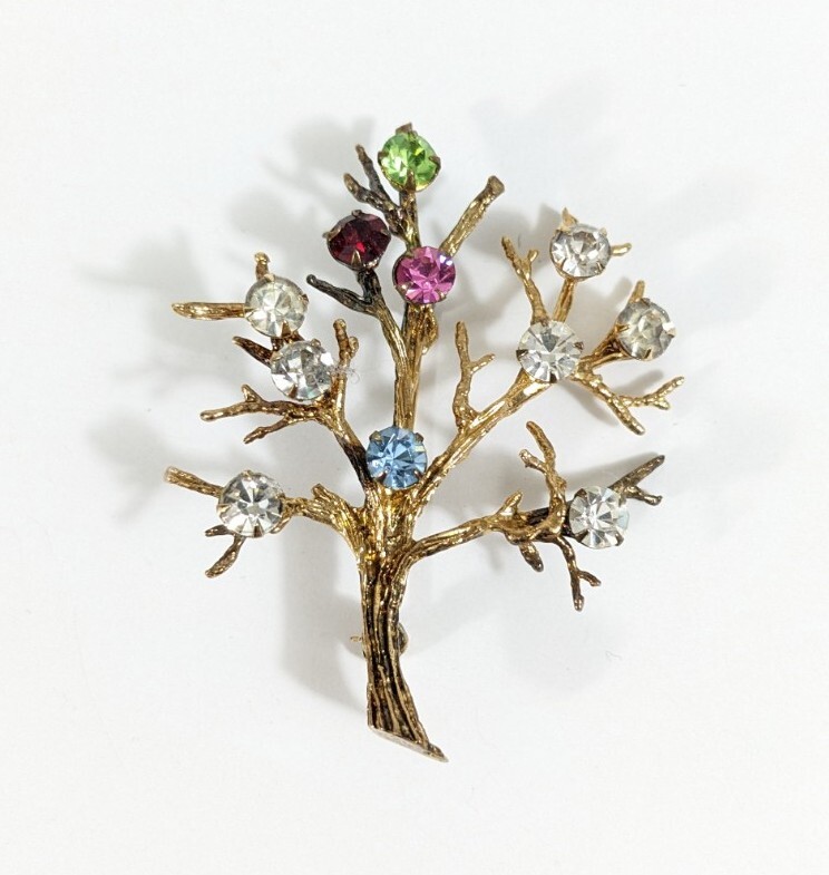 Rhinestone Family Tree Of Life Brooch - Sterling Silv… - Gem
