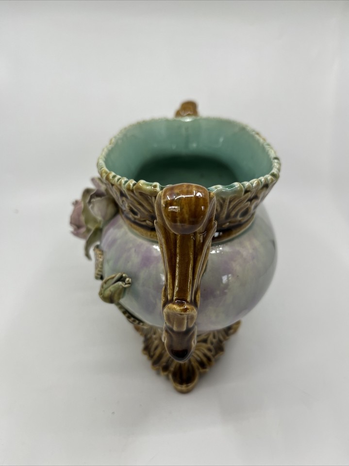 Antique French Majolica Barbotine 12” Jardiniere Planter Roses Leaves ...