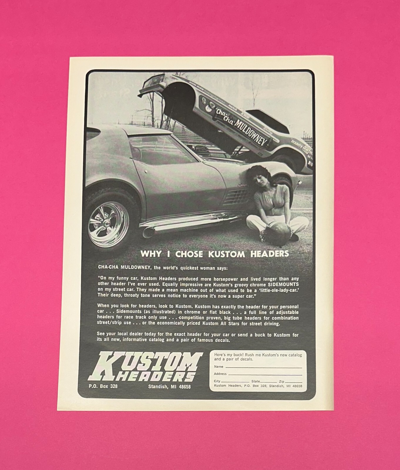 1972 Kustom Headers Ad Shirley Cha Cha Muldowney Vintage Magazine ...