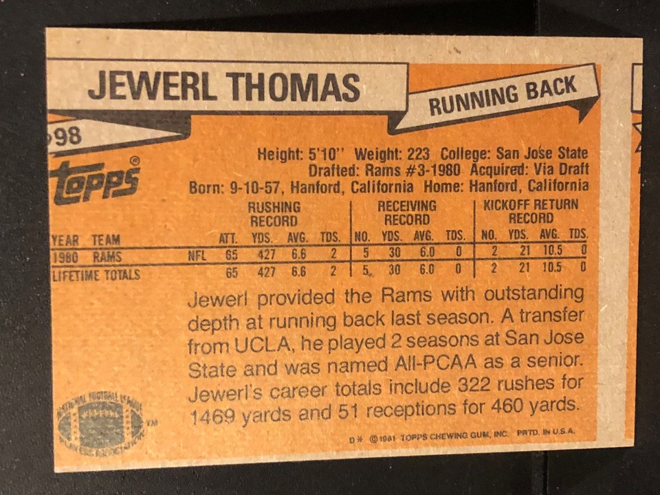 JEWERL THOMAS 1981 Topps Football ERROR Miscut ROOKIE Card #98 OddBaLL ...