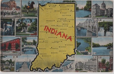 VINTAGE LINEN POSTCARD WITH INDIANA STATE MAP & VARIOUS SIGHTS ...