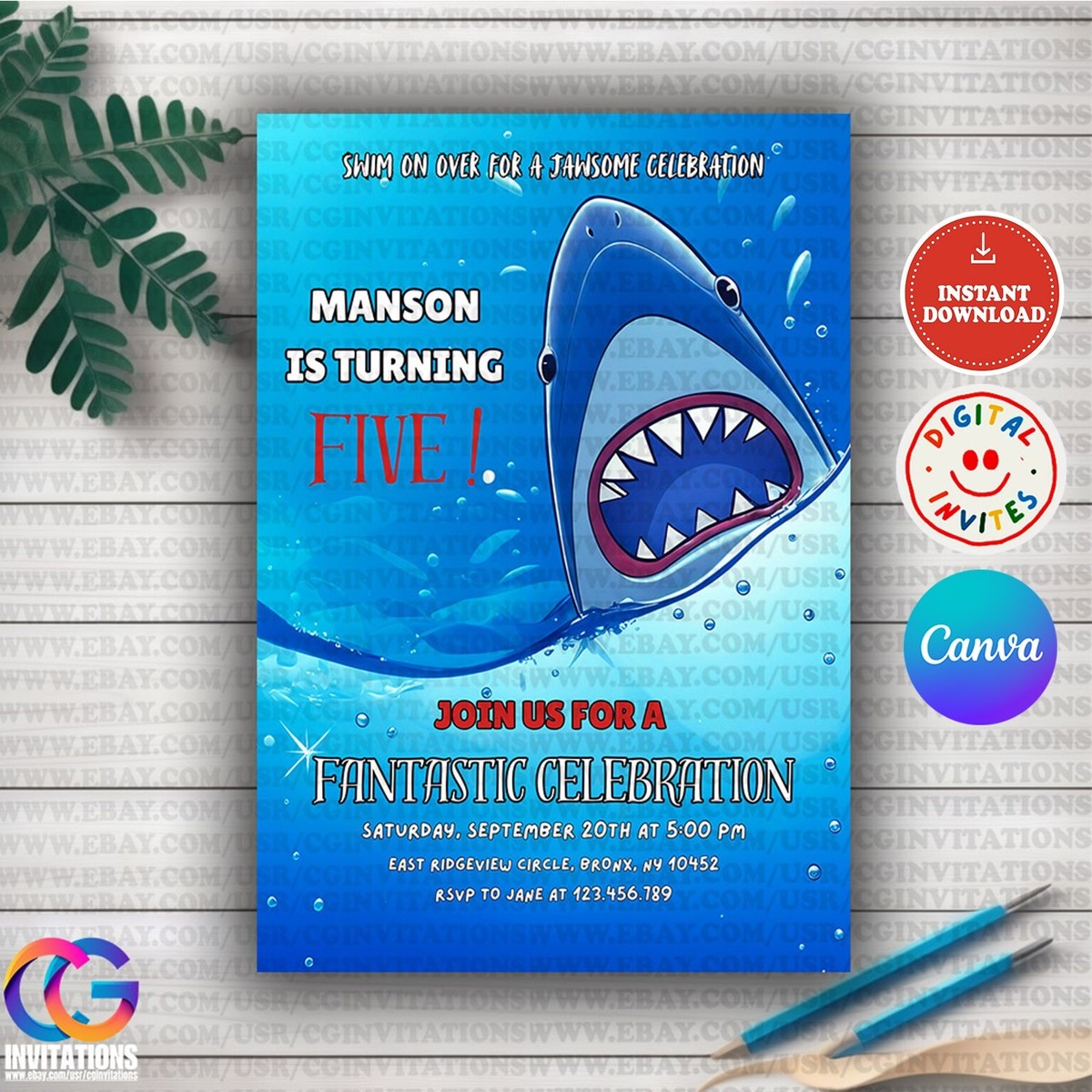 Printable Shark Pool Party Invitations