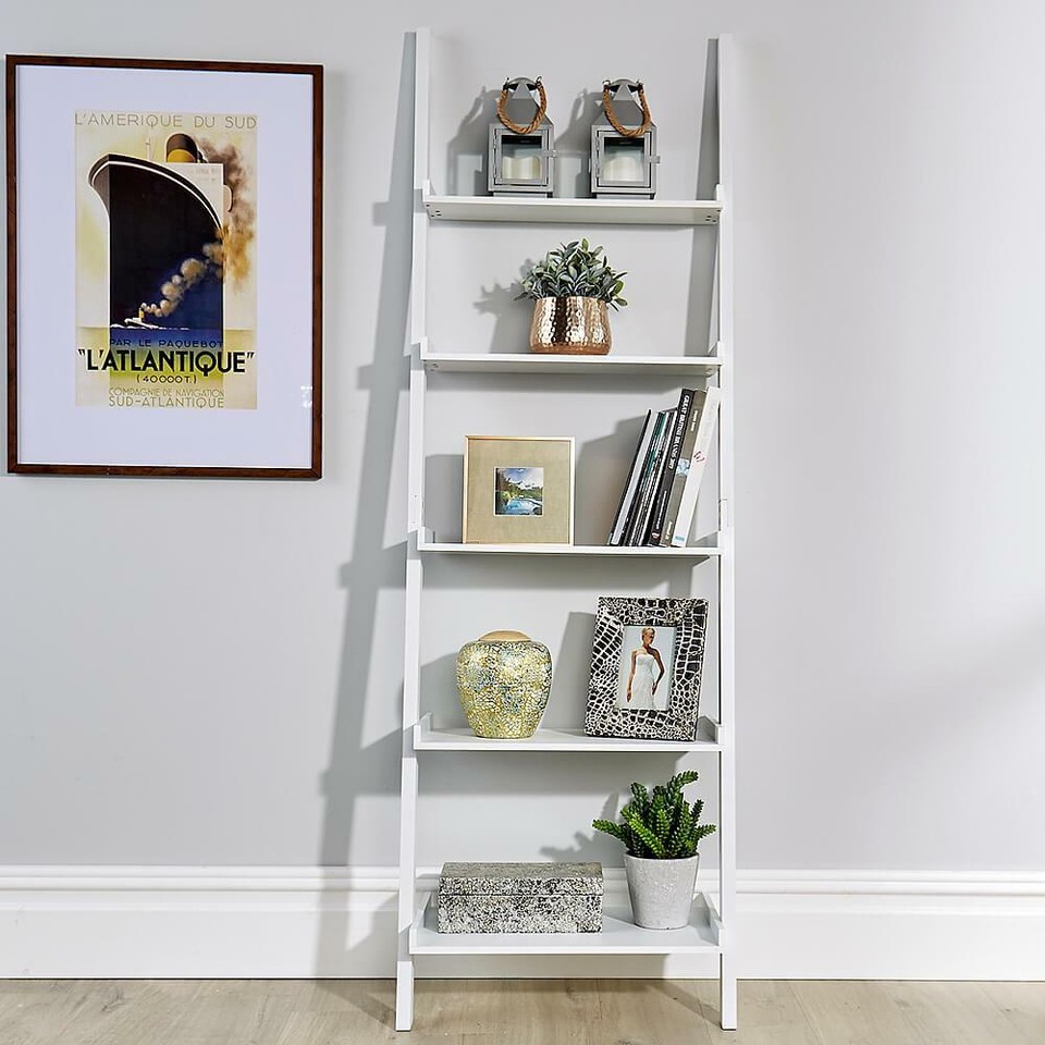 White Ladder Shelving Unit 5 Tier Display Stand Book Shelf Wall Rack ...