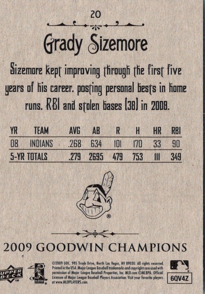 2009 Upper Deck Goodwin Champions Grady Sizemore #20A Cleveland Indians ...