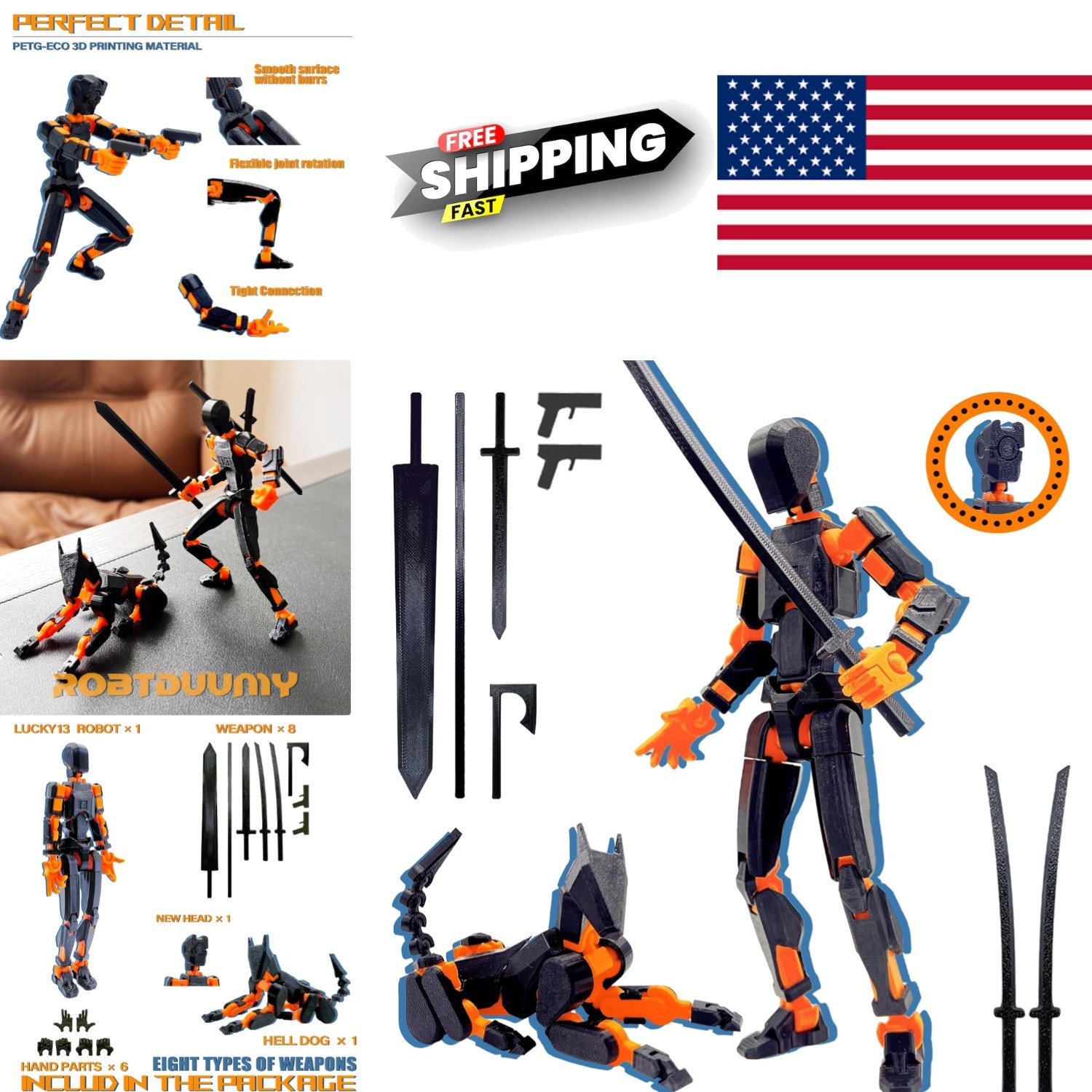 Assembly Completed T13 3D Action Figure Black Orange Multi Jointed ...