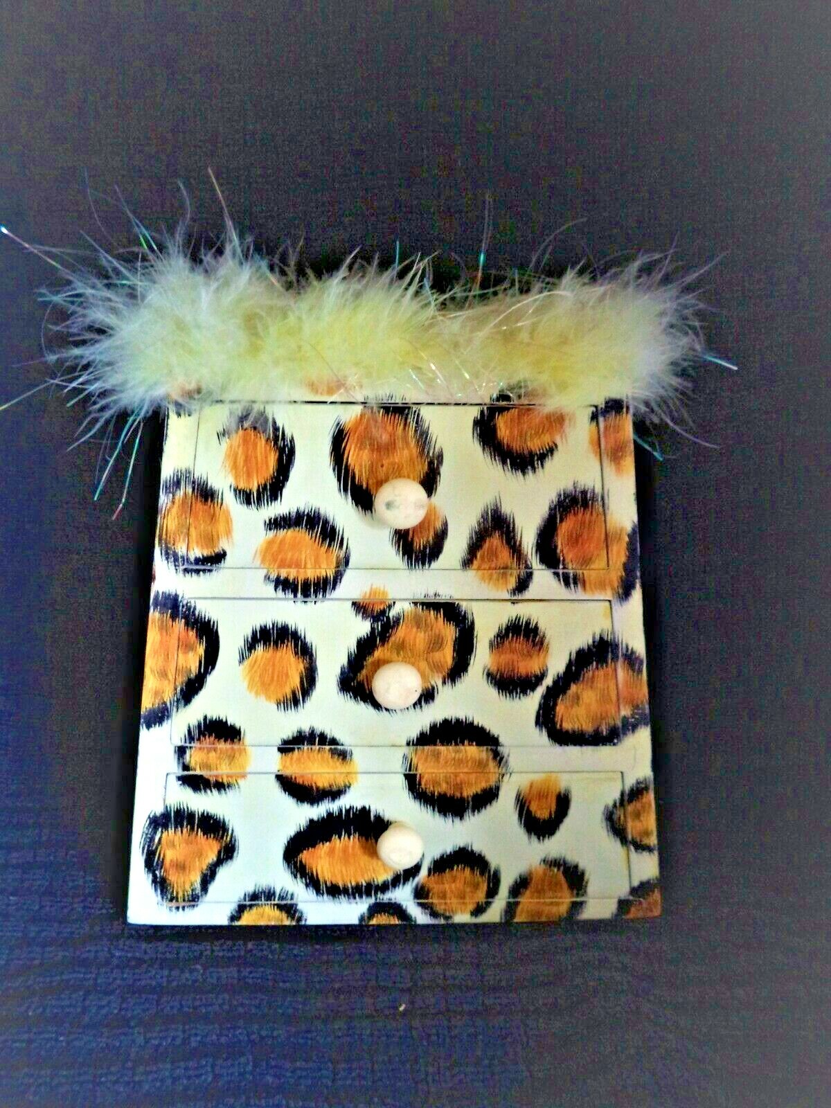 3 Drawer Wooden Leopard Print Jewelry Box or Desk Organizer Topped w ...