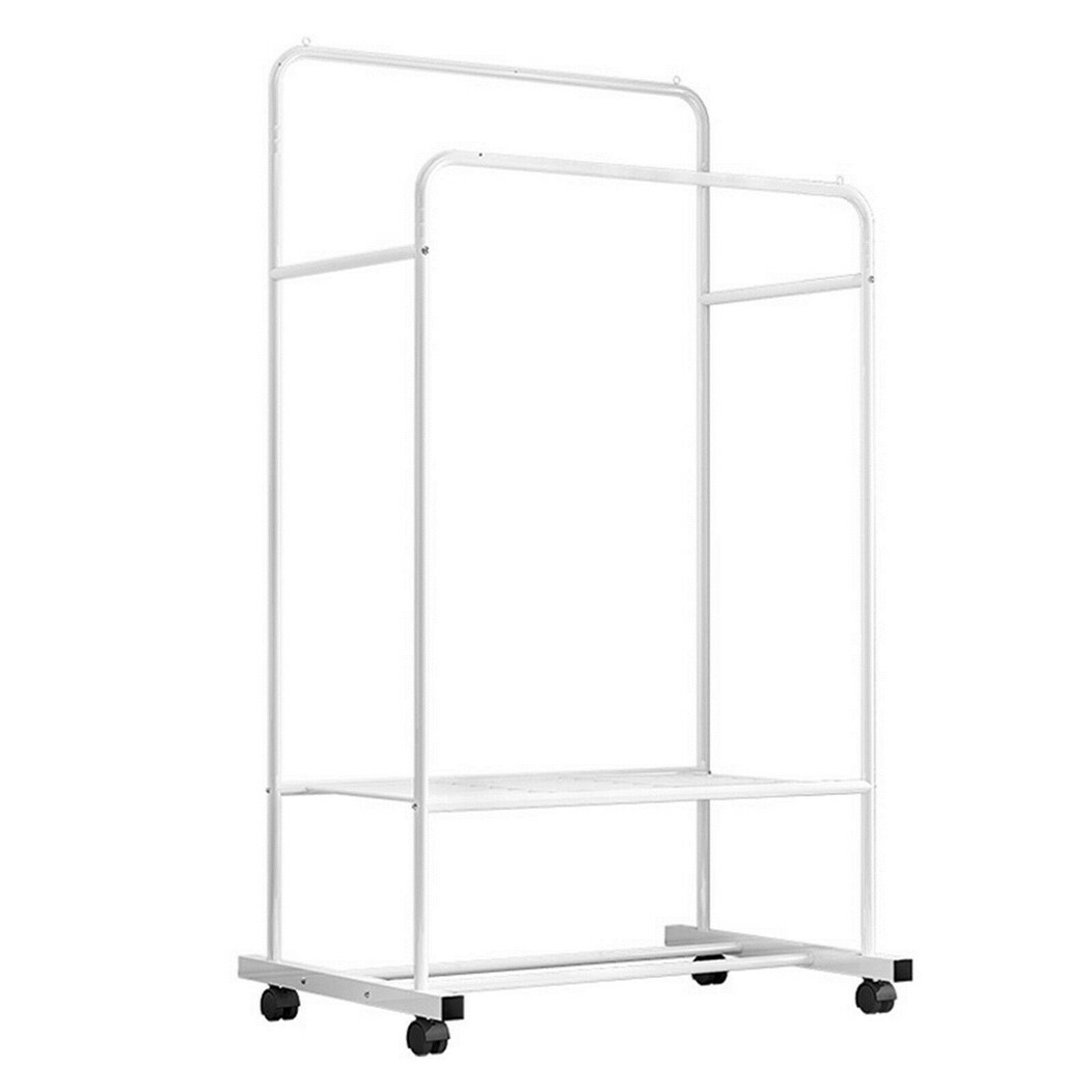 White Elegant Garment Dual Clothes Rack Rail Rolling Hanging Shelf ...