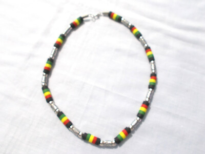 REGGAE RASTA COLORS AND SILVERTONE STRAND BEADED 18" NECKLACE LOBSTER ...