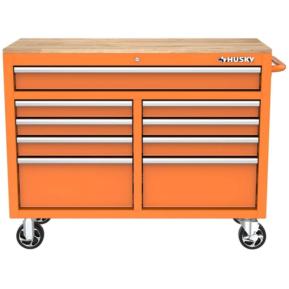 46 in. W x 18 in. D 9-Drawer Gloss Orange Mobile Workbench Cabinet with ...