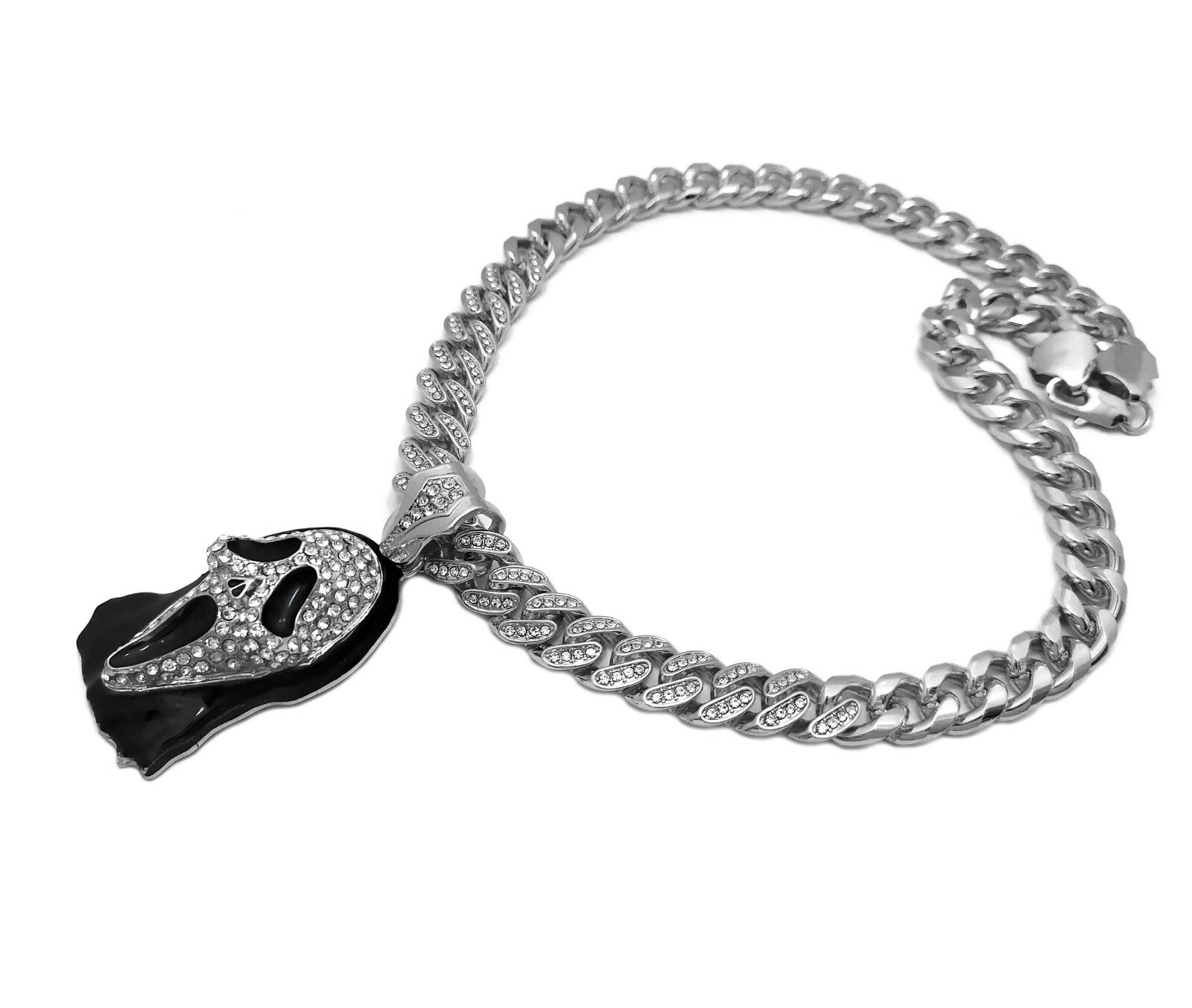 HIP HOP SCREAM MASK PENDANT & 12mm 18" 20" PARTIAL ICED CUBAN CHAIN ...