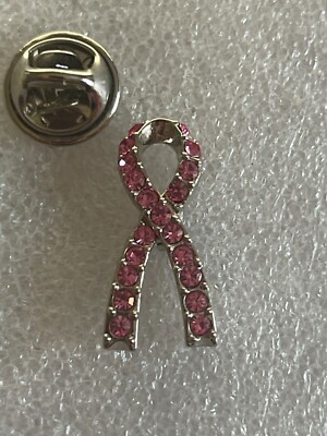 Pink Ribbon with Rhinestones Gemstones Breast Cancer Vintage Lapel Pin ...
