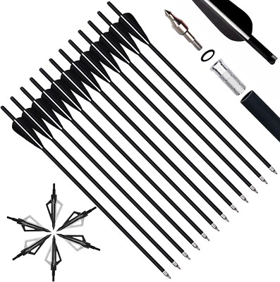 12Pcs 20 inch Carbon Crossbow Bolts Arrows Black + 12Pcs Broadheads for ...