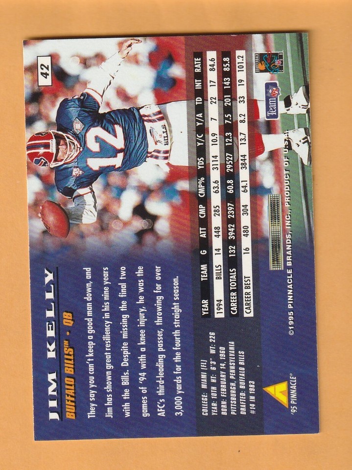 Jim Kelly Buffalo Bills 1995 Pinnacle #42 Miami Hurricanes 1M | eBay