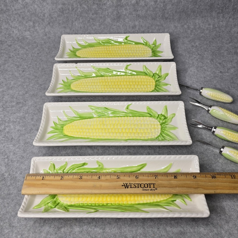 Vintage Corn on the Cob Plates Set of 4 with Ceramic Handles Forks ...