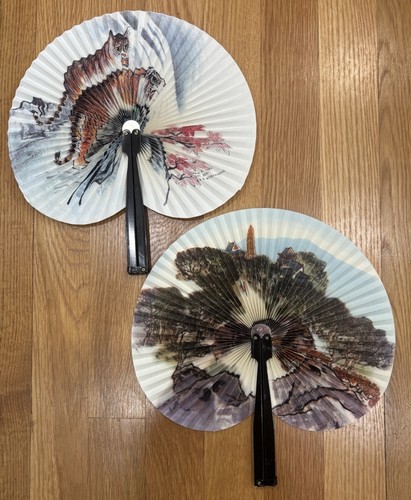 Pair Of Vintage Chinese Paper Hand Fans With Foldable Metal Handles | eBay