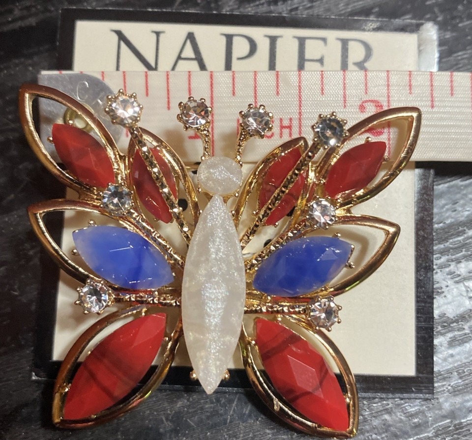 Pretty Napier Summer Butterfly Gold Tone Enamel Red White Blue ...