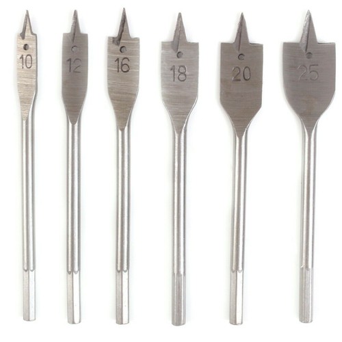 6Pc FLAT WOOD DRILL BIT SET Walleted Metric 10mm 12mm 16mm 18mm 20mm ...