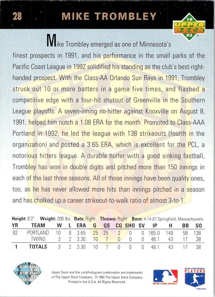 Mike Trombley Signed 1993 Upper Deck Star Rookie #28 Baseball Card | eBay