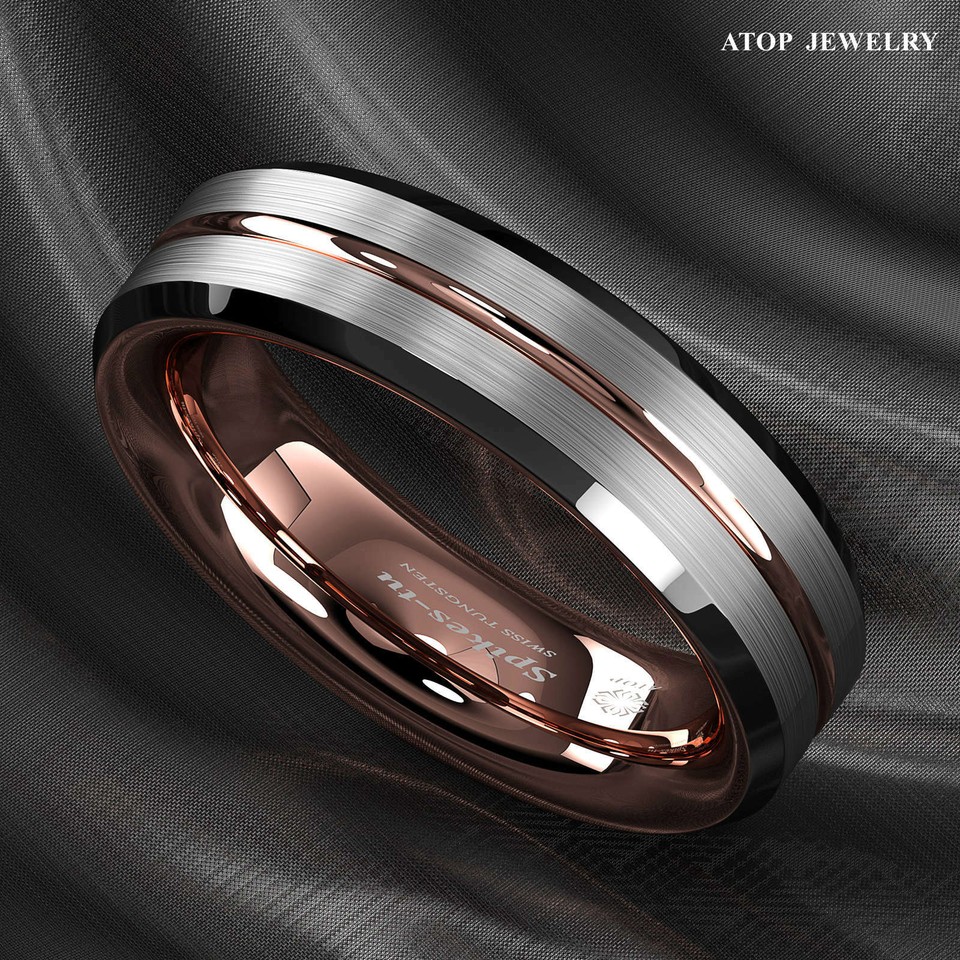 8/6mm Silver Brushed Plated Metal Rose Gold ATOP Men Tungsten Wedding ...