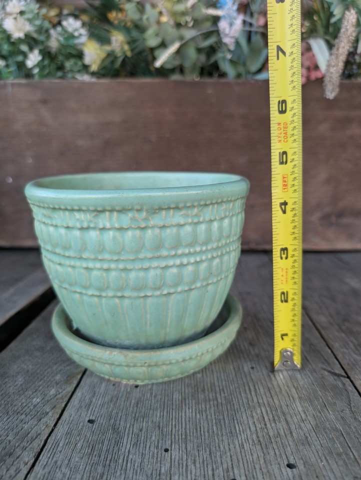 Vintage 1961 McCoy Pottery Turquoise Beaded Planter w/ Attached Saucer ...
