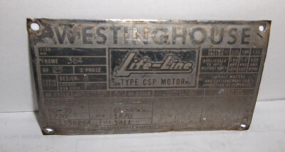 Vintage Original Westinghouse Life-Line Type CSP Motor Data Plate | eBay