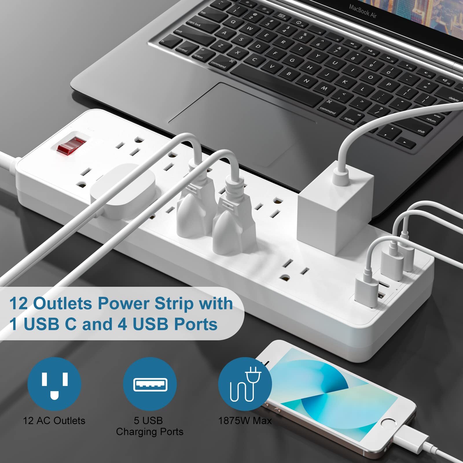 Power Strip Surge Protector With 12 Outlets And 4 Usb Ports 5v/2.4a & 1 ...