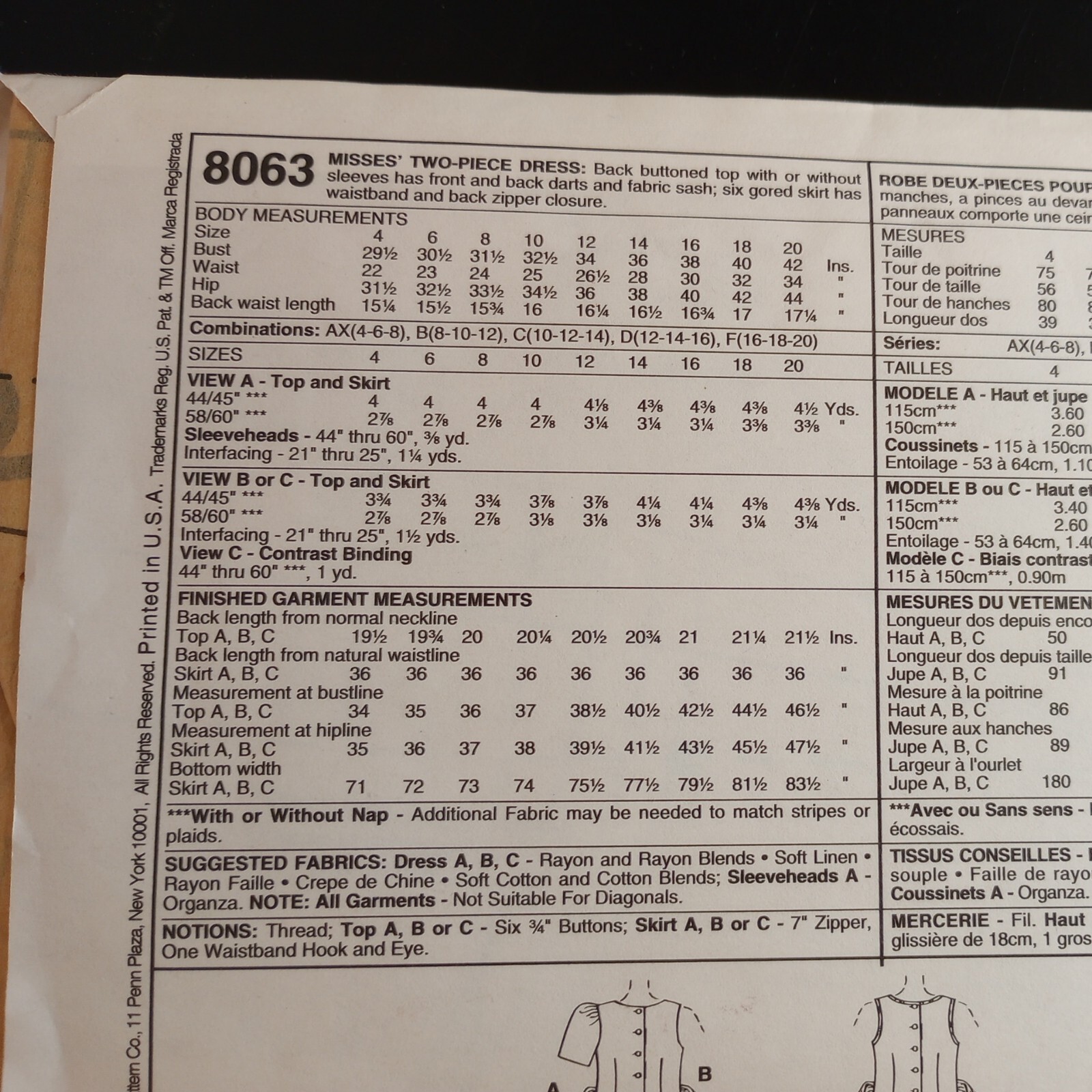 McCall's 8063 Pattern Misses'Two-Piece Dress Top Skirt Sleeveless B 8 ...