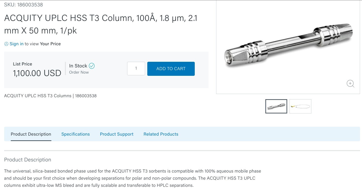 Waters HSS T3 C18 UPLC Column 2.1 x 50 mm PN# 186003538 | eBay