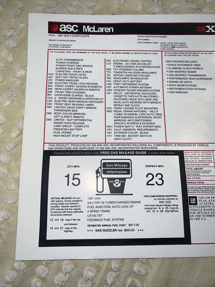 NOS GM ASC MCLAREN ORIGINAL BUICK GNX BLANK WINDOW STICKER COPY No TRI ...